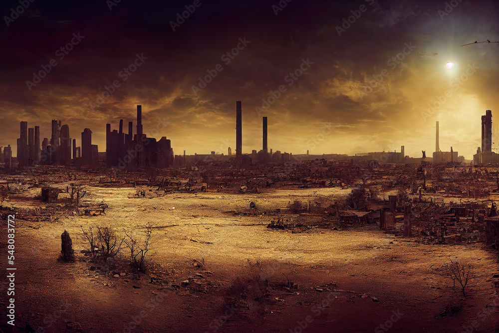 post-apocalyptic ruined city, dead wasteland. Destroyed buildings ...