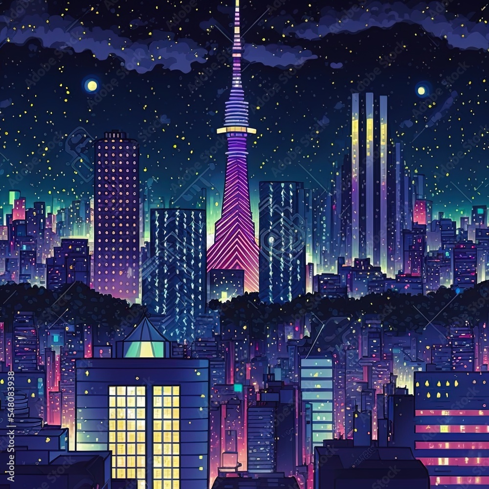 Tokyo city night skyline. 2d illustrated illustration. Stock ...