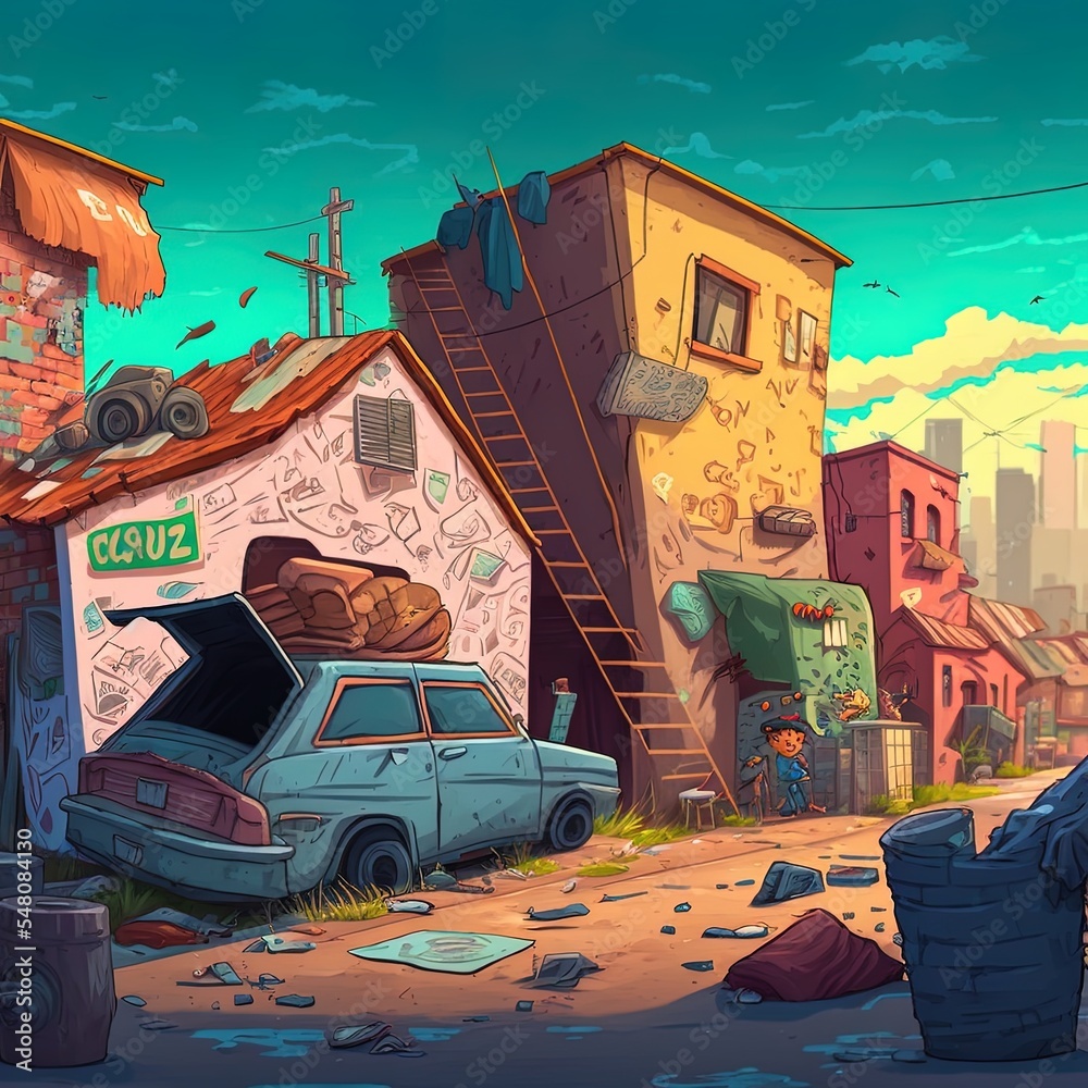 Poor dirty houses in ghetto area. 2d illustrated cartoon cityscape with ...