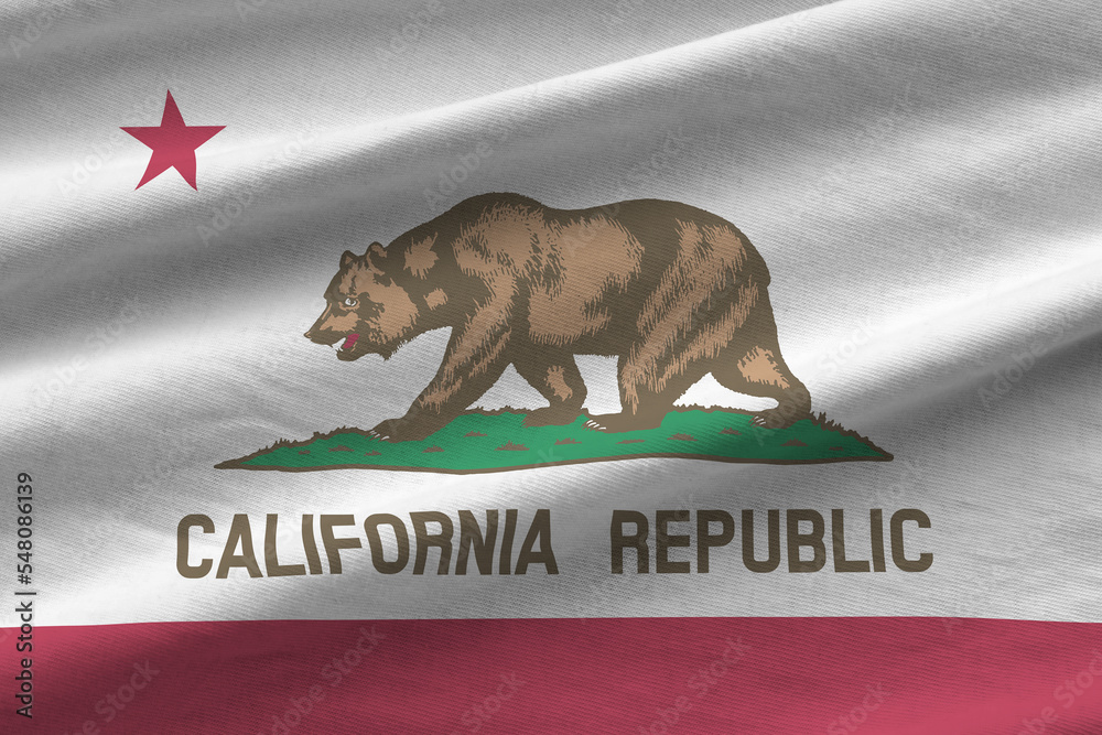California US state flag with big folds waving close up under the ...