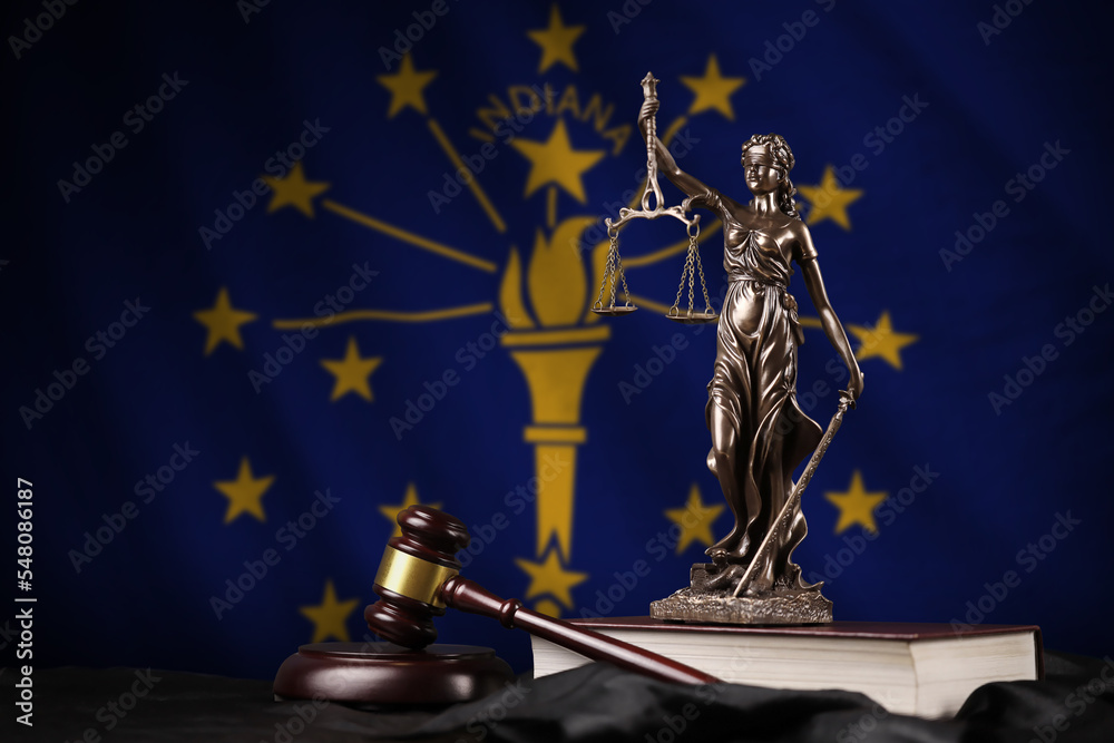 Indiana US state flag with statue of lady justice, constitution and ...