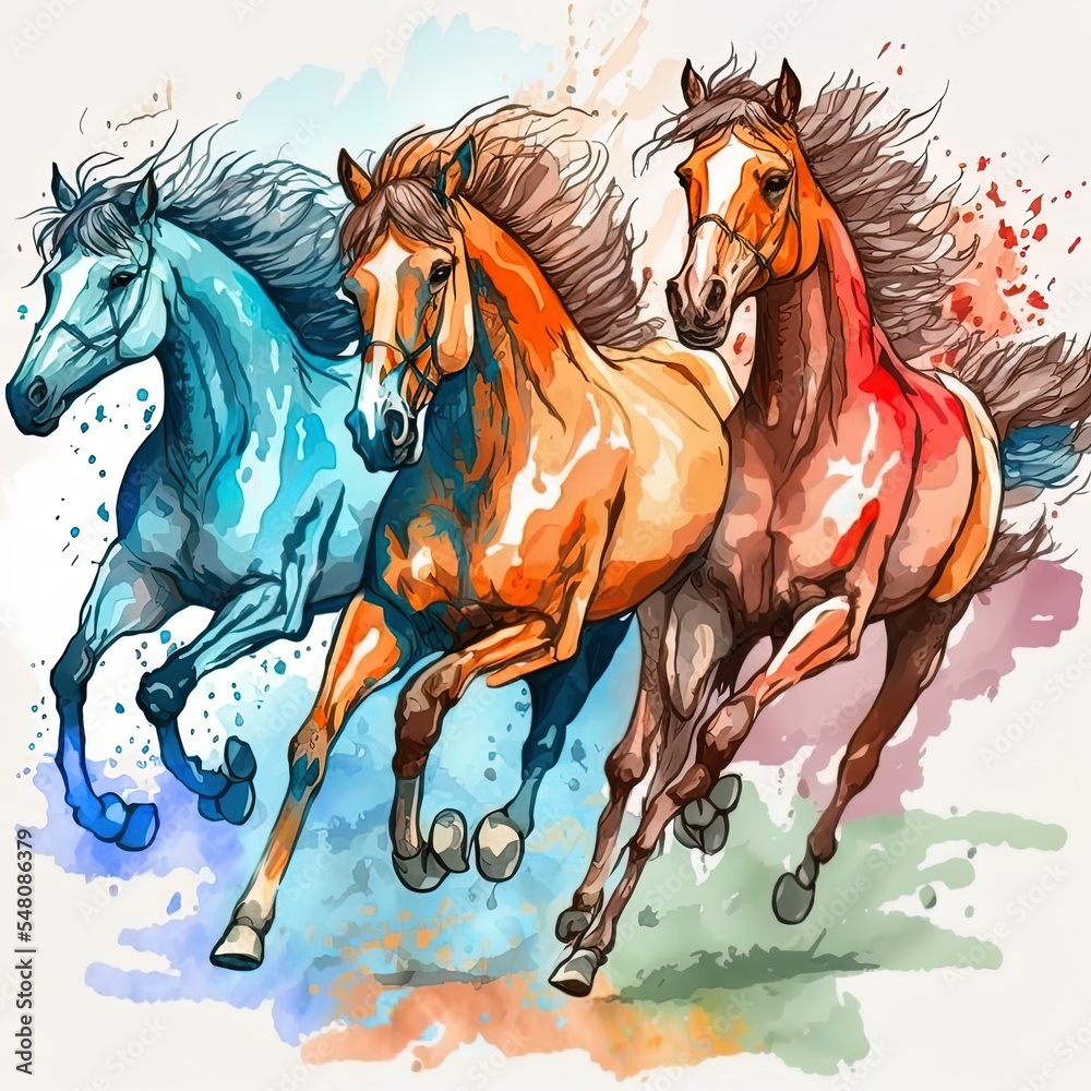 Three horses run gallop from a splash of watercolor, hand drawn sketch ...