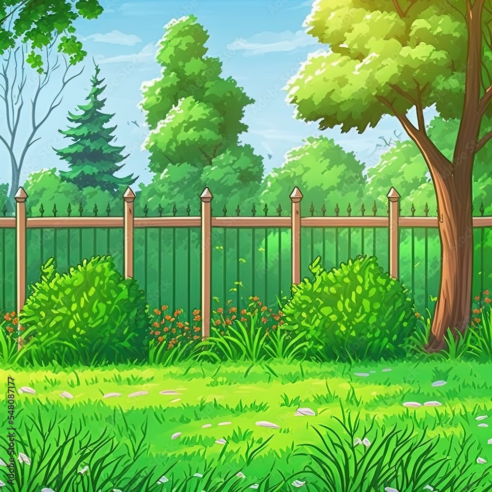 Summer park or garden with green trees bushes grass and fence 2d ...