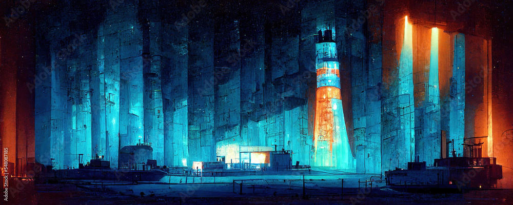 nuclear power station with blue cherenkov radiation as panoramic ...