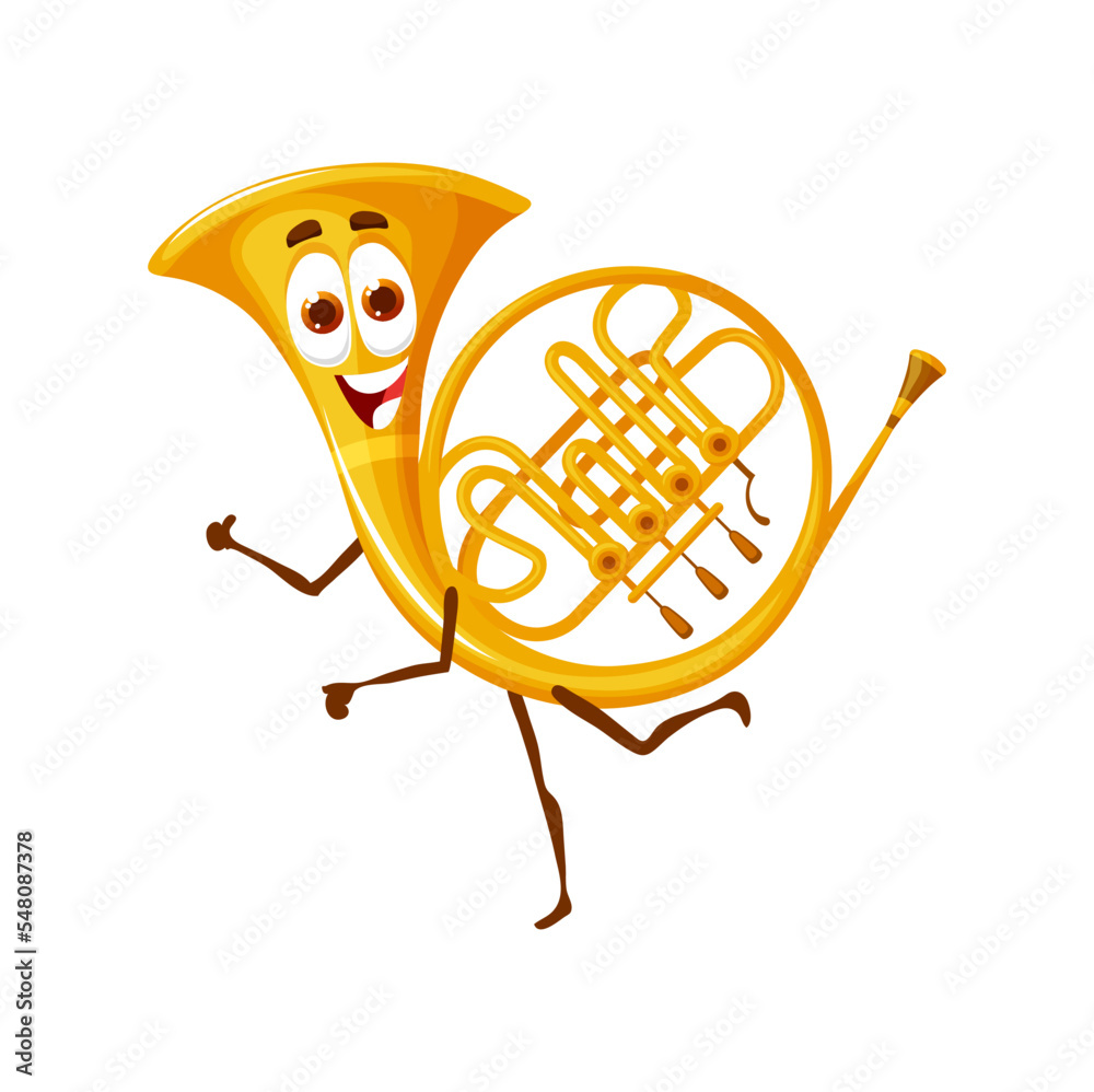 Cartoon french horn character, musical wind instrument. Isolated vector ...