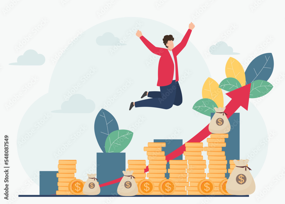 Happy businessman jumping in front golden coins pile with growing graph ...