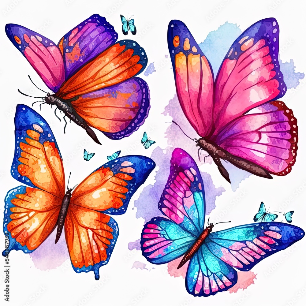 Colorful butterflies watercolor isolated on white background blue ...