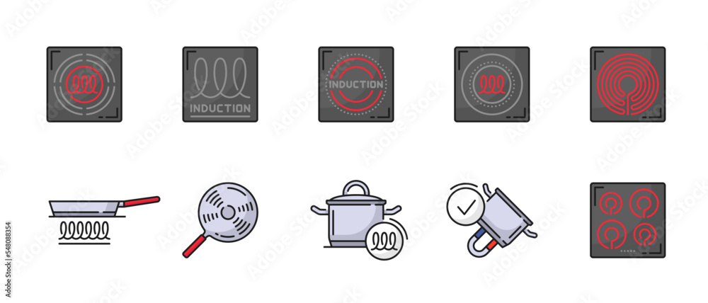 Vecteur Stock Induction icons, cooker or kitchen cooking hob and ...
