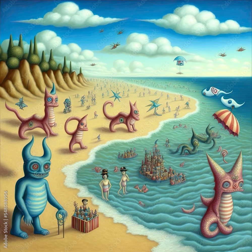 Illustration of imaginary creatures at the beach taking the sun and ...