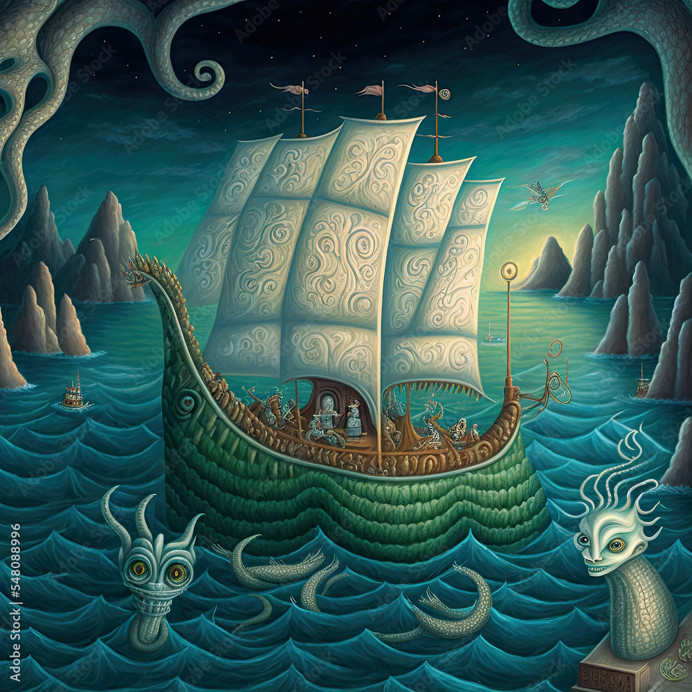 Illustration of imaginary sea creatures surounding a ship with real ...