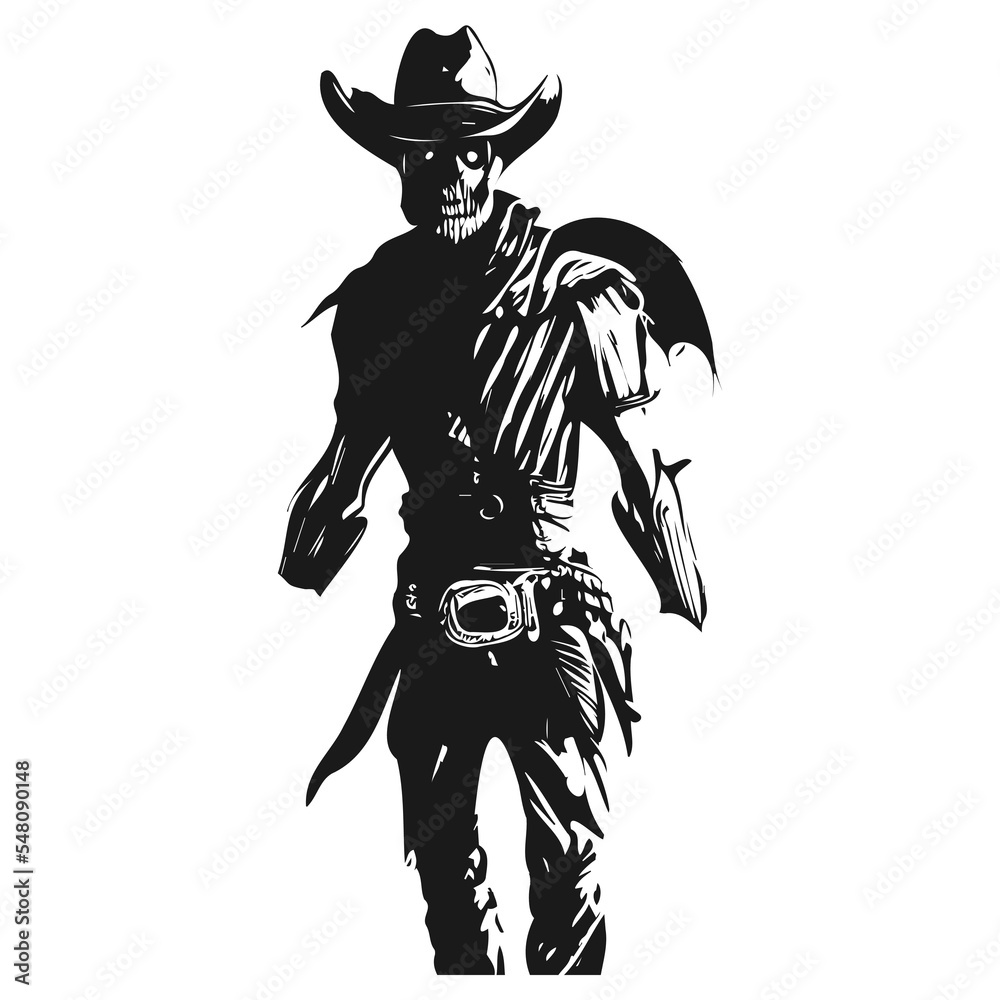 badass cowboy skeleton tattoo hand drawn vector black and white clip ...