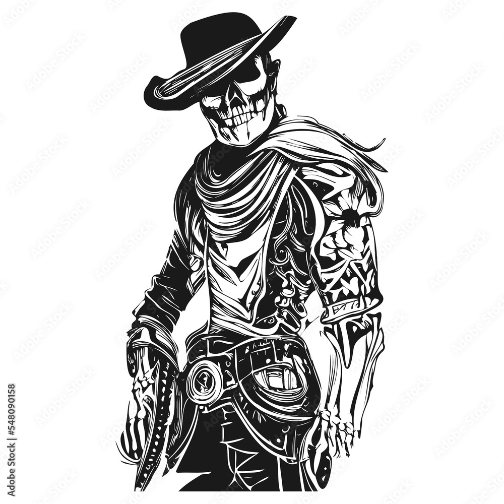 cowboy skeleton with guns tattoo hand drawn vector black and white clip ...