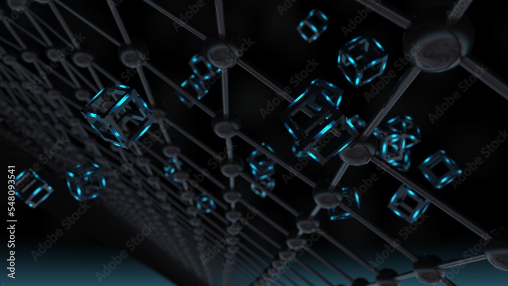 Blue illuminated Hot Iron Black Cube with Atom Plane Structure under ...