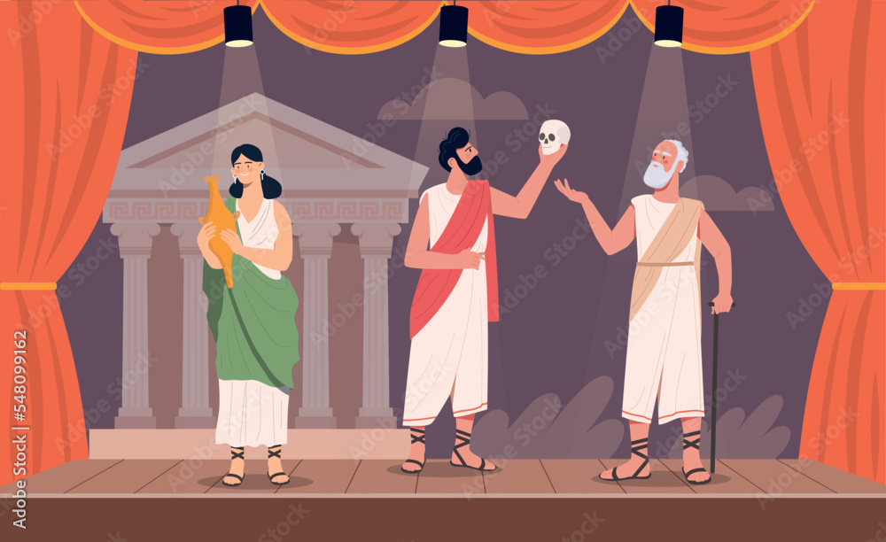 Theatrical perfomance concept. Men and woman in ancient Greek costumes ...