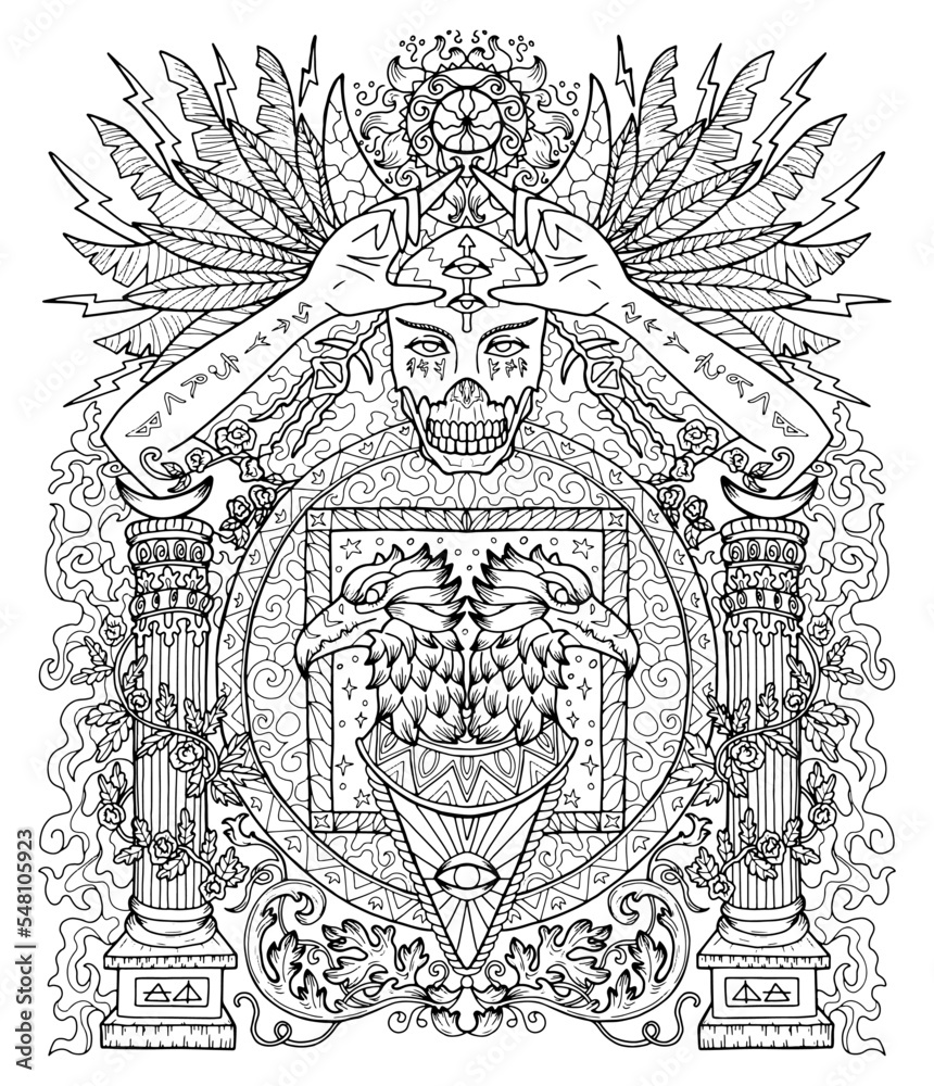 Mystic vector masonic illustration with scary hands, eagles and third ...
