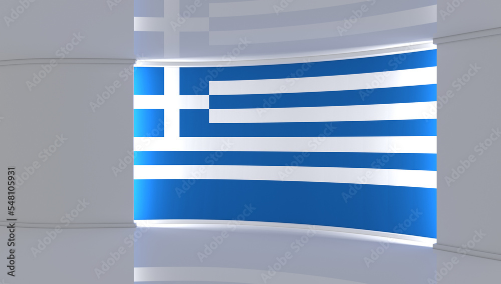 TV studio. Greece. Greek flag studio. Greek flag background. News ...