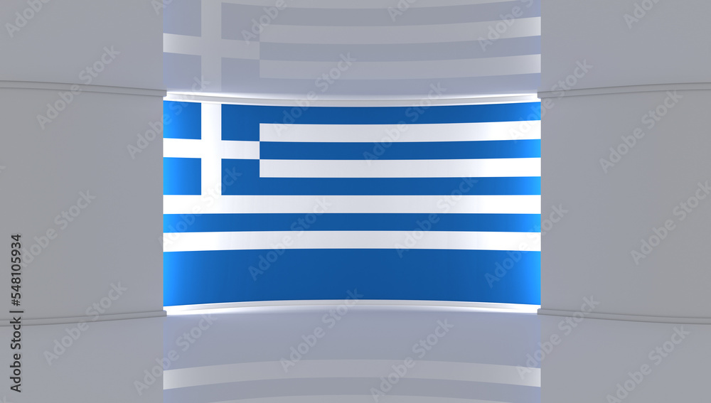 TV studio. Greece. Greek flag studio. Greek flag background. News ...