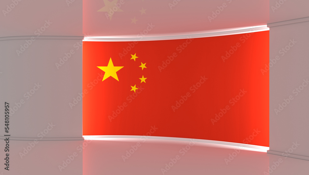 TV studio. China flag studio. China flag background. News studio. The ...