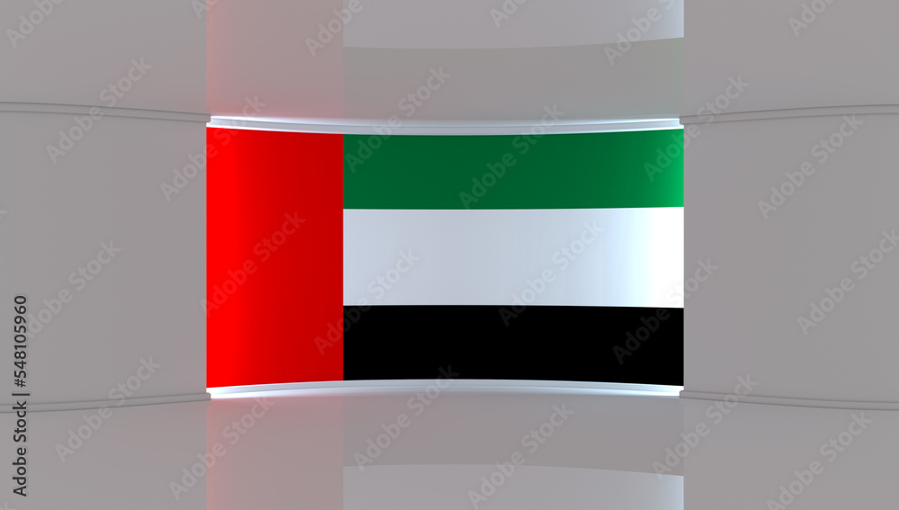 TV studio. Dubai flag studio. Dubai flag background. News studio. The ...
