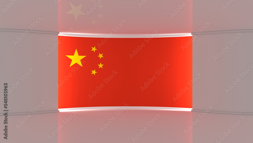 TV studio. China flag studio. China flag background. News studio. The ...