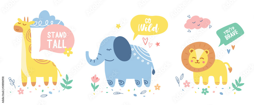 Funny baby animals set. Giraffe, baby elephant and lion with ...