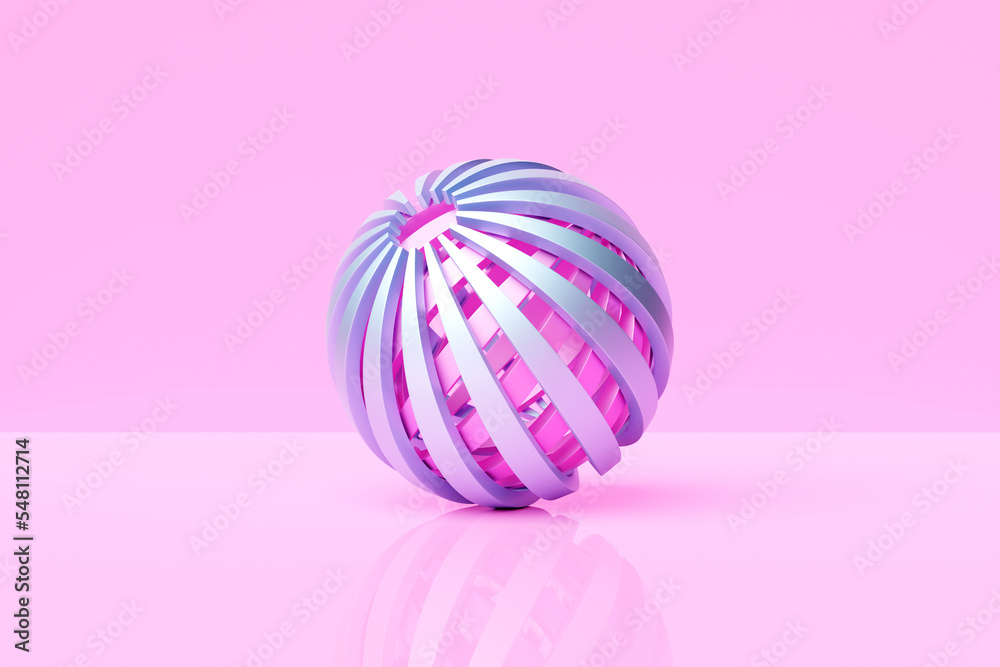 3D illustration of a blue sphere with many faces and holes on a pink ...