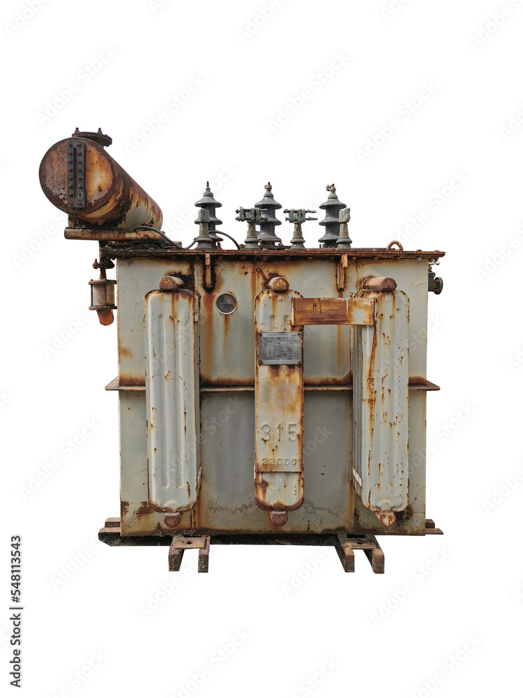 Old power transformer.Oil immersed type in main store on white isolated ...