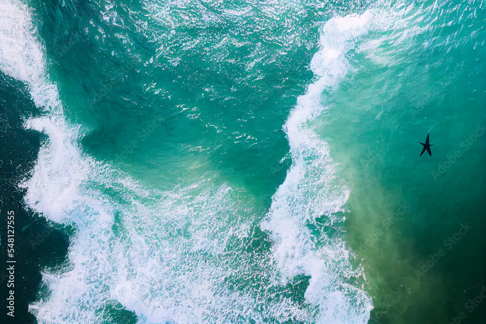 Ocean surf with the outline of a shark in the water, a drone flight ...