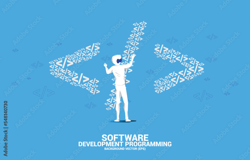 Silhouette man wear VR glasses with software development programming ...