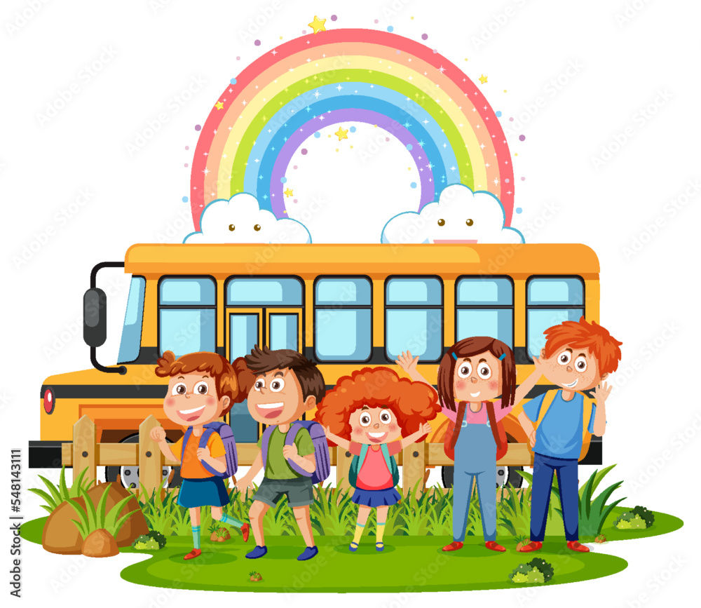 Children with school bus in cartoon style Stock Vector | Adobe Stock