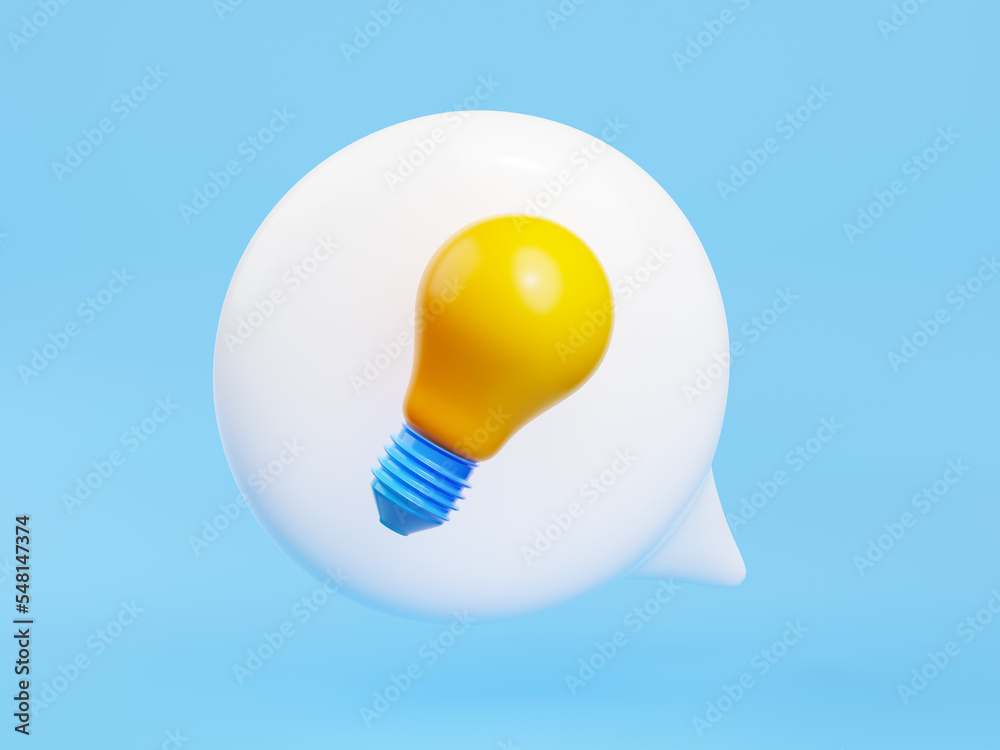3d render light bulb in speech bubble on blue background. Creative idea ...