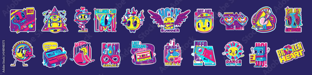 Psychedelic retro rave stickers with funny burger, coffee man, pager ...