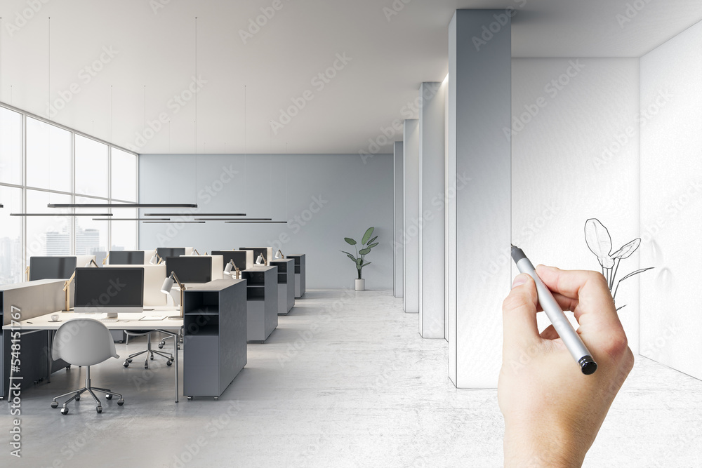 Hand drawn sketch of clean coworking office interior with equipment ...