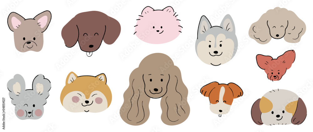 Cute and smile dog heads doodle vector set. Comic happy dog faces ...