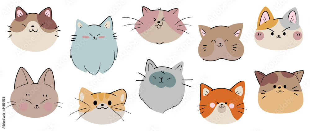 Cute and smile cat heads doodle vector set. Cartoon cat or fluffy ...