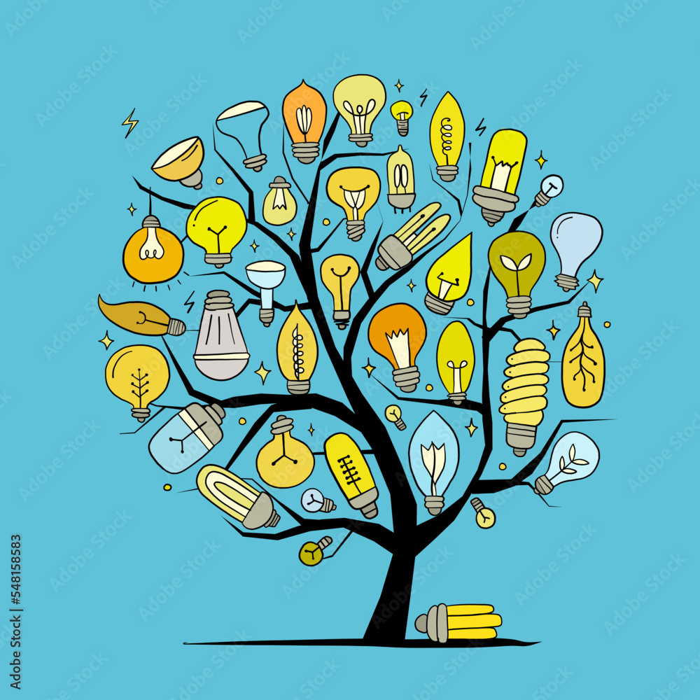 Light bulbs on tree. Ecology Concept art. Symbol of creativity ...