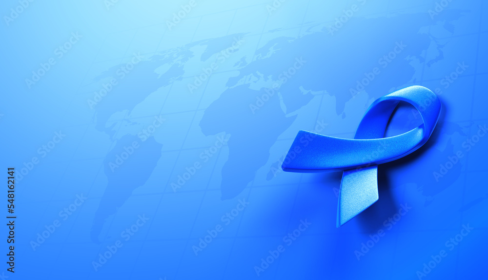 blue awareness ribbon on world map blue background for symbol of ...