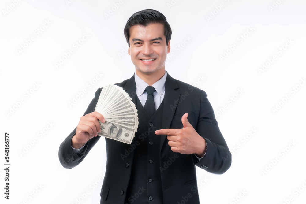 Business rich man trader wear a suit holding money US dollar bills in ...