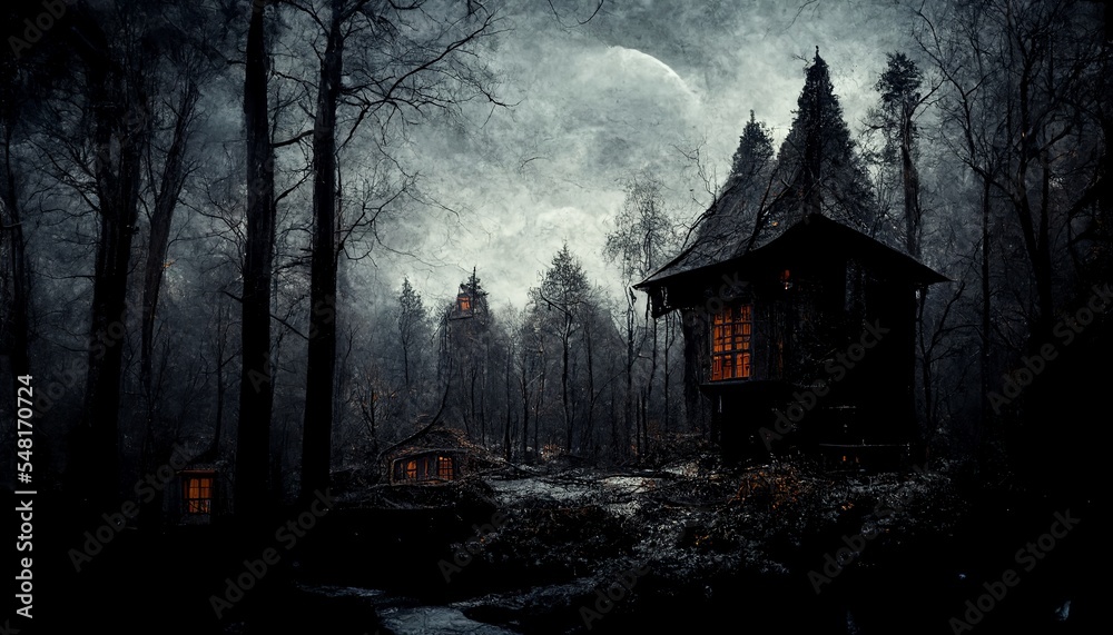 Creepy and abandoned wooden cabin in the woods at full moon dark ...