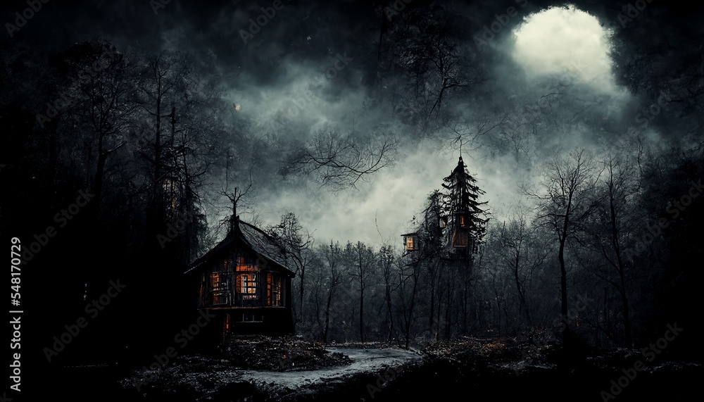 Creepy old wooden cabin in the woods at full moon dark fantasy concept ...