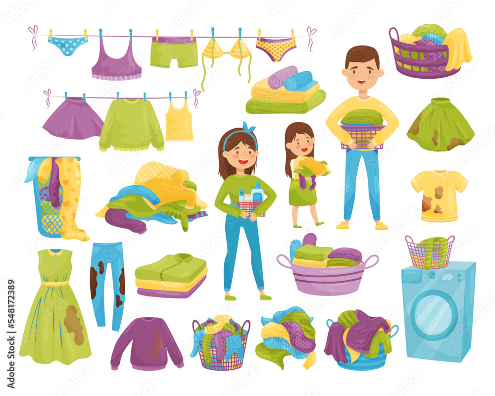 Family doing laundry set. Mother, father and daughter cartoon vector ...