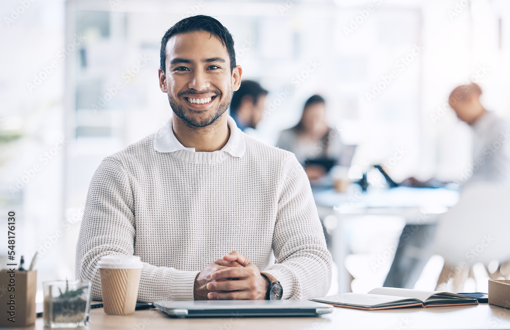 Smile, marketing and businessman happy in a coworking office at a ...