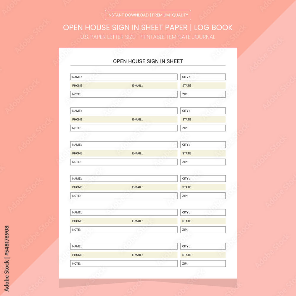 Open House Sign In Sheet Notebook Printable Template Stock Vector ...