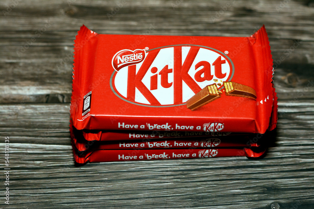 Cairo, Egypt, November 7 2022: KitKat, a chocolate-covered wafer bar ...