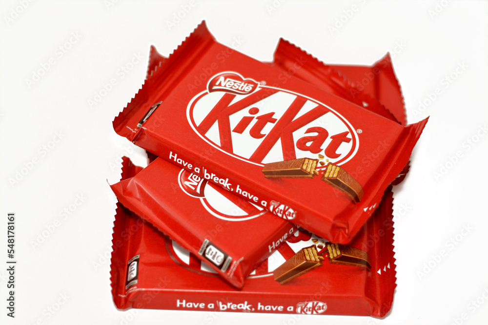 Cairo, Egypt, November 7 2022: KitKat, a chocolate-covered wafer bar ...