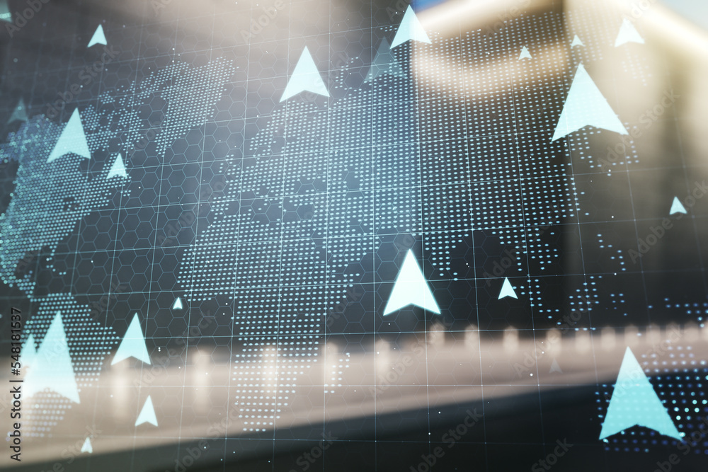 Abstract virtual GPS locator sketch with world map on blurry ...