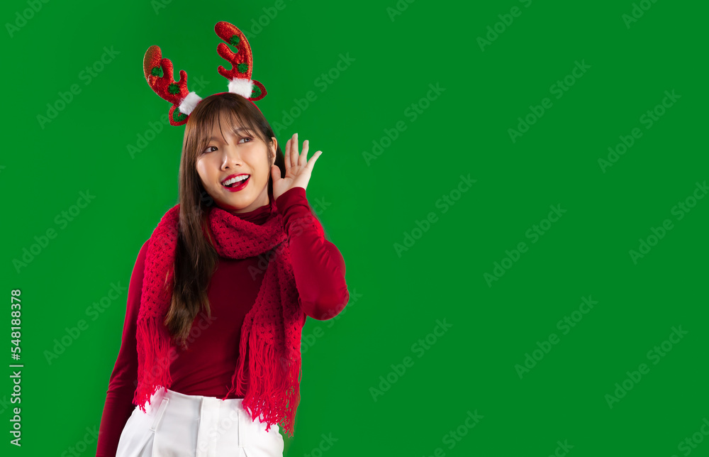 Merry Christmas Young Pretty Asian Woman In Red And White Christmas