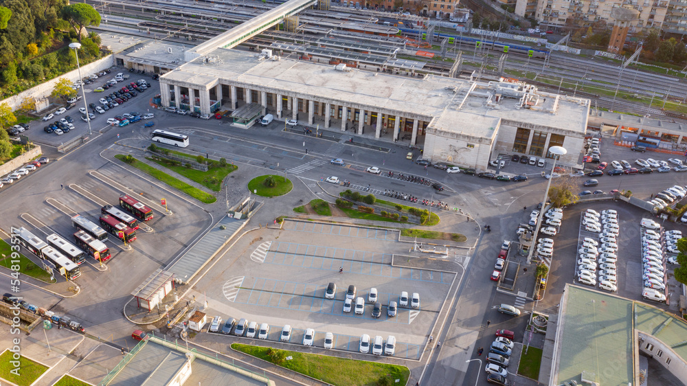 Aerial view of Roma Ostiense, a railway station in Rome, Italy. The ...