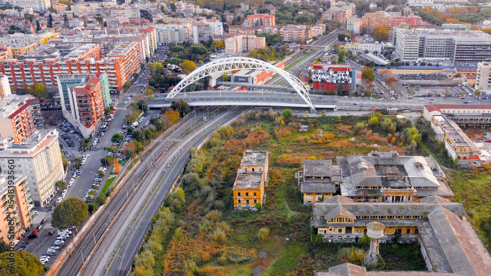 Aerial view of the Settimia Spizzichino bridge known as Ostiense ...