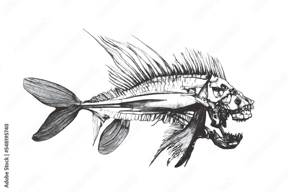 Fish skeleton. Fantastic Sea monster. Doodle sketch. Vector ...